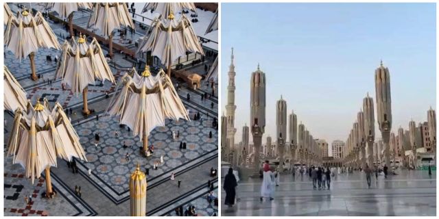 Payung di Masjid Nabawi sangat cantik ia dibuat oleh syarikat Jepun ...